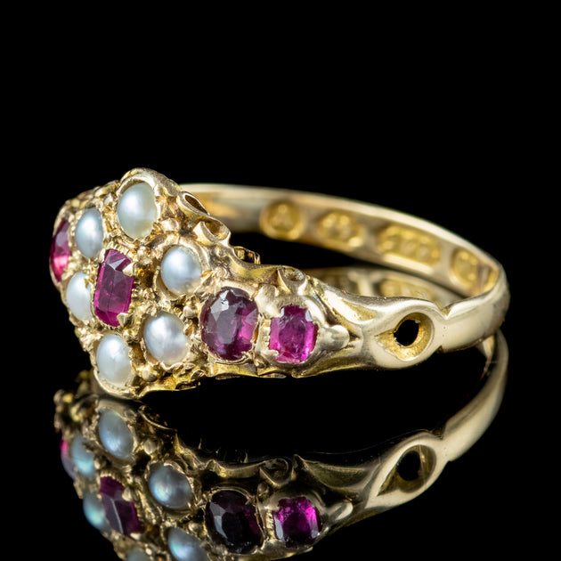 Antique Victorian Ruby Pearl Cluster Ring Dated 1870 – Laurelle Antique Jewellery