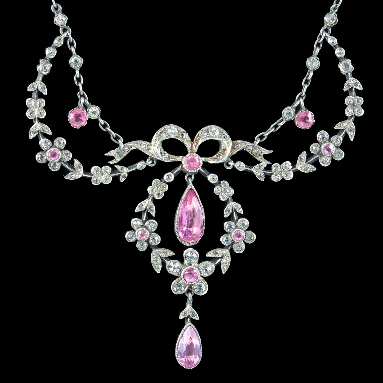 Antique Edwardian French Pink Paste Floral Lavaliere Necklace Silver ...