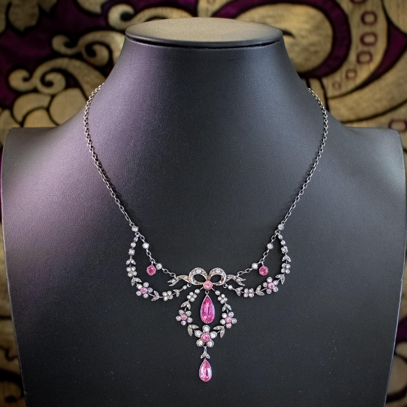 Antique Edwardian French Pink Paste Floral Lavaliere Necklace Silver ...