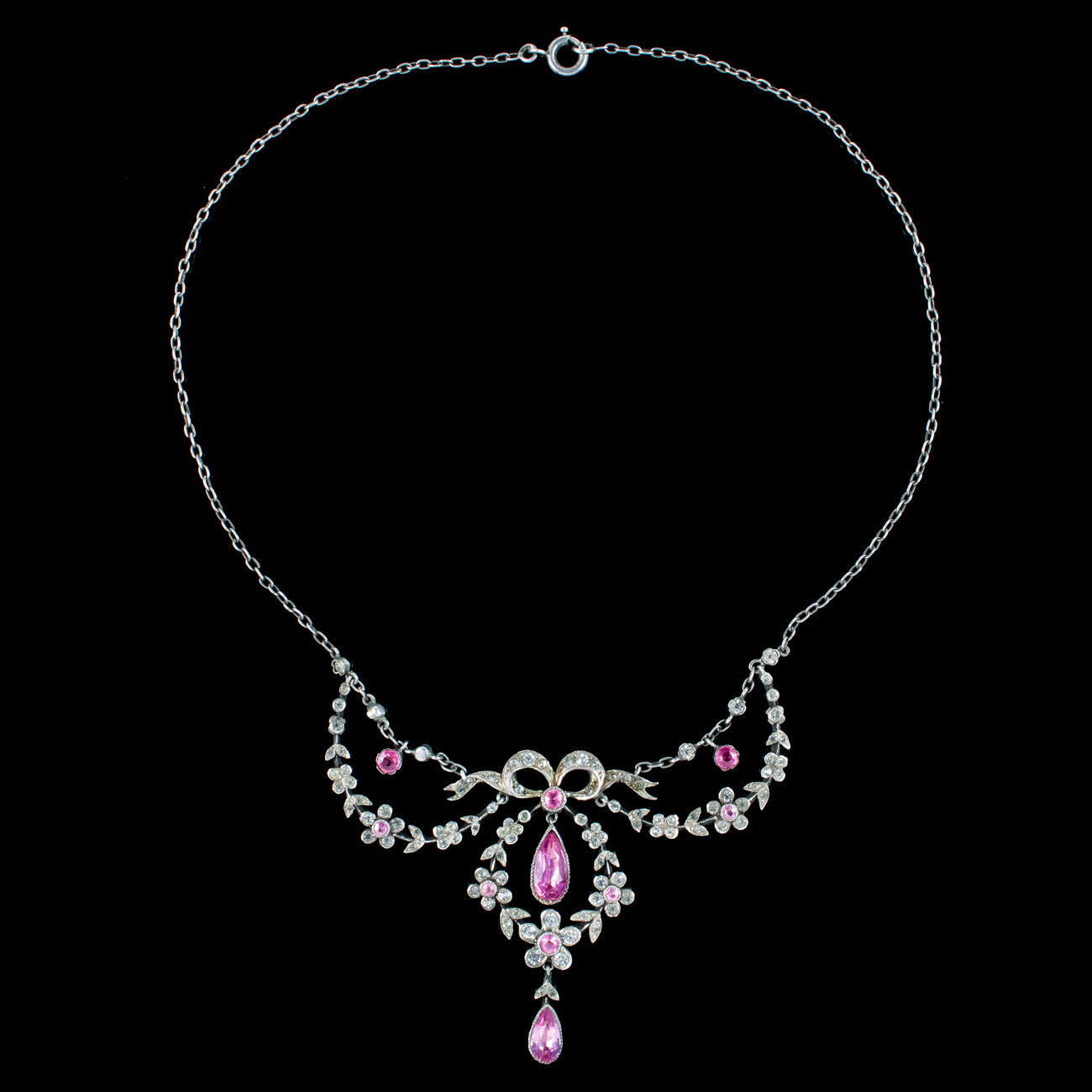 Antique Edwardian French Pink Paste Floral Lavaliere Necklace Silver ...