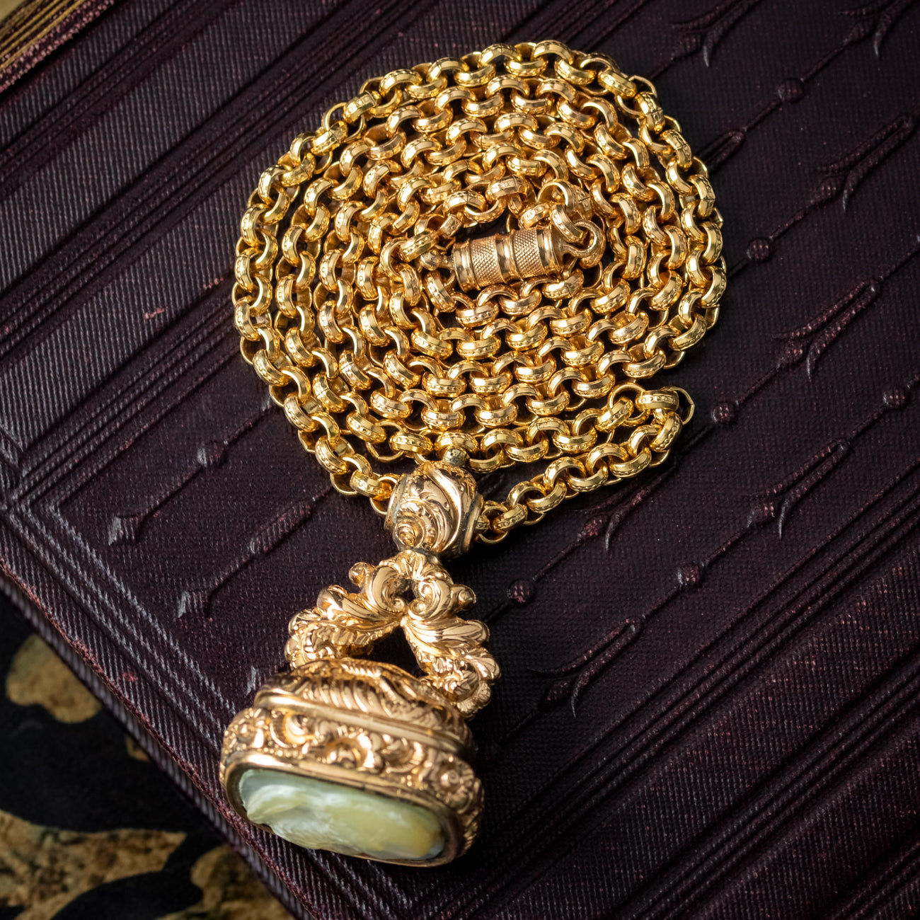 Antique Georgian Mother Of Pearl Intaglio Fob And Chain Pinchbeck Gold ...