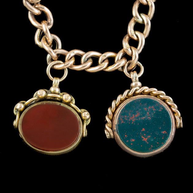 Antique Victorian Curb Charm Bracelet 9ct Gold With Seven Agate Fobs ...