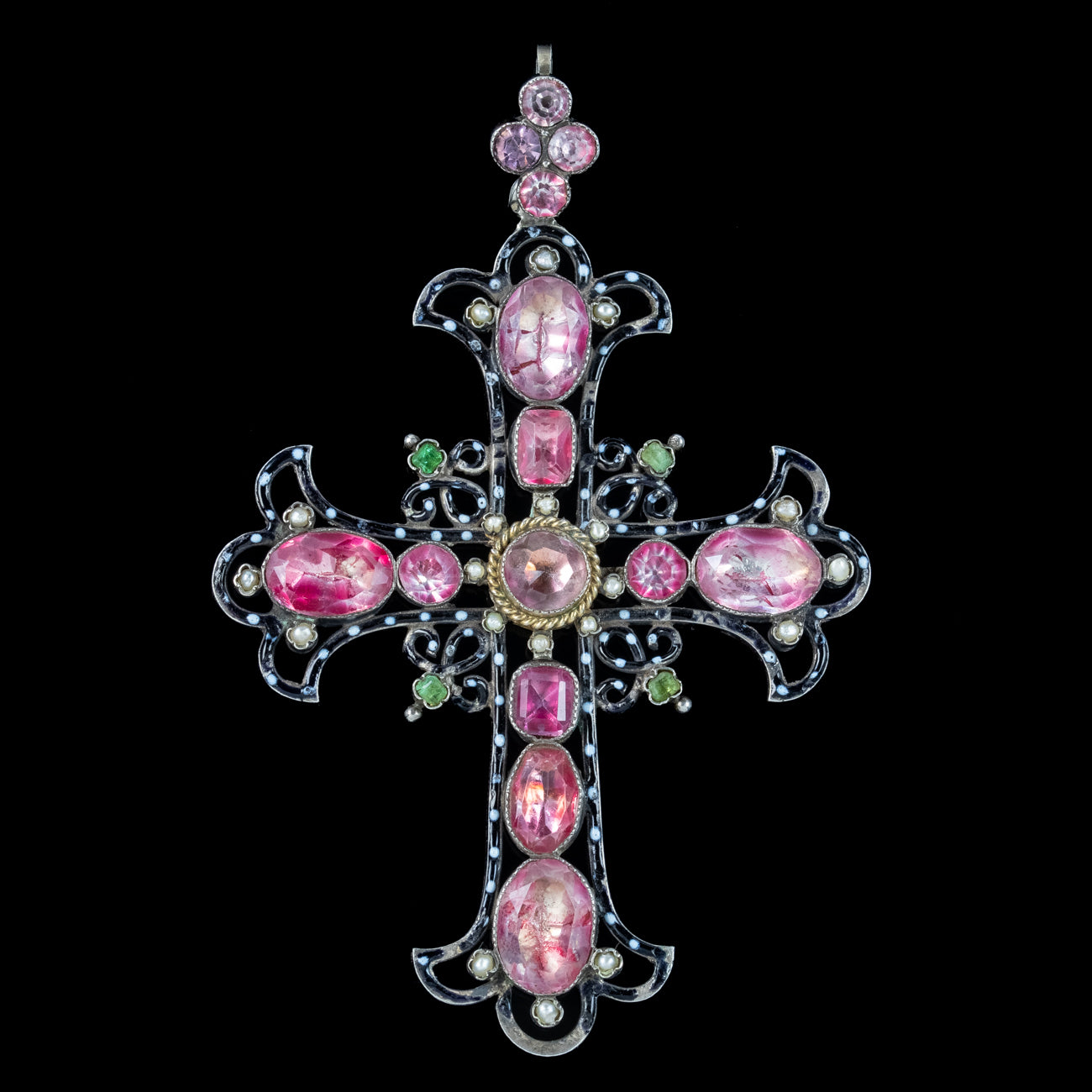 Antique Victorian French Cross Pendant Pink Paste Pearl Emerald Enamel ...