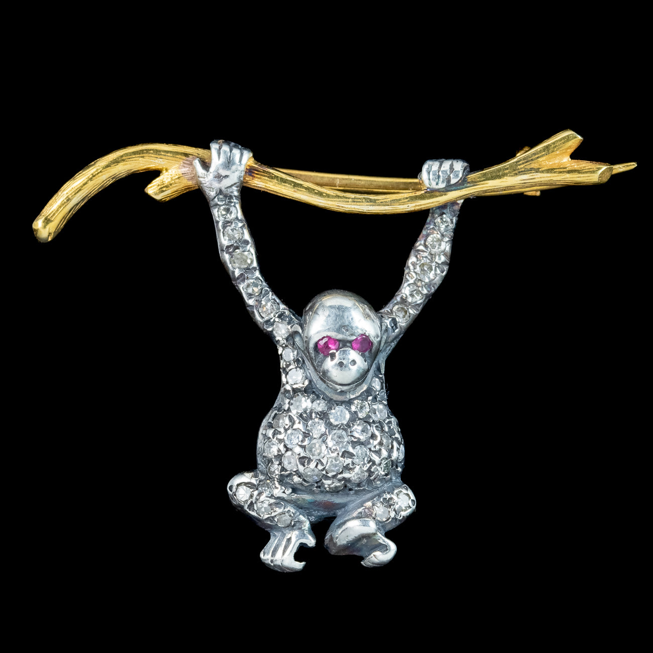 Victorian Style Diamond Monkey Bar Brooch Silver 18ct Gold Ruby Eyes ...