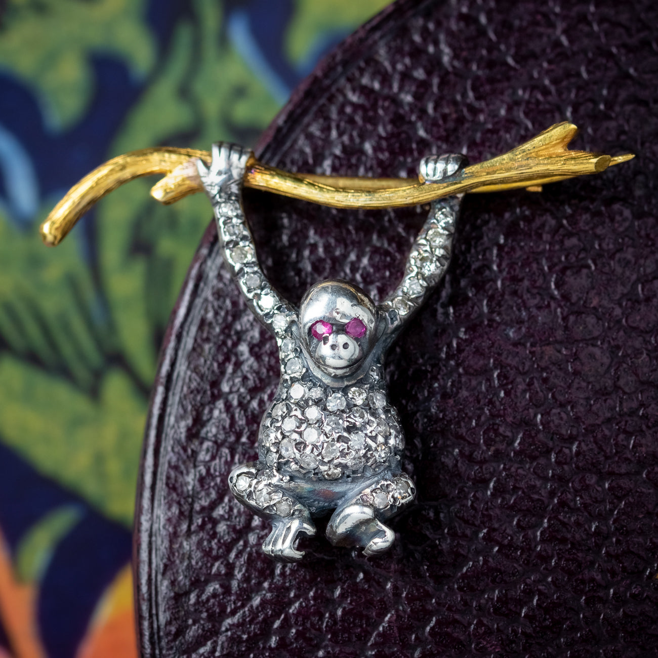 Victorian Style Diamond Monkey Bar Brooch Silver 18ct Gold Ruby Eyes ...
