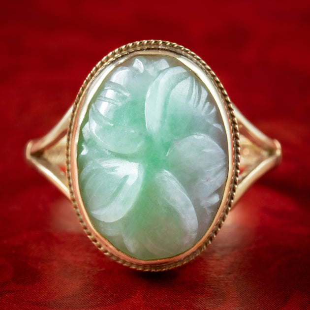 Vintage Carved Jade Flower Ring Dated 1972 – Laurelle Antique Jewellery