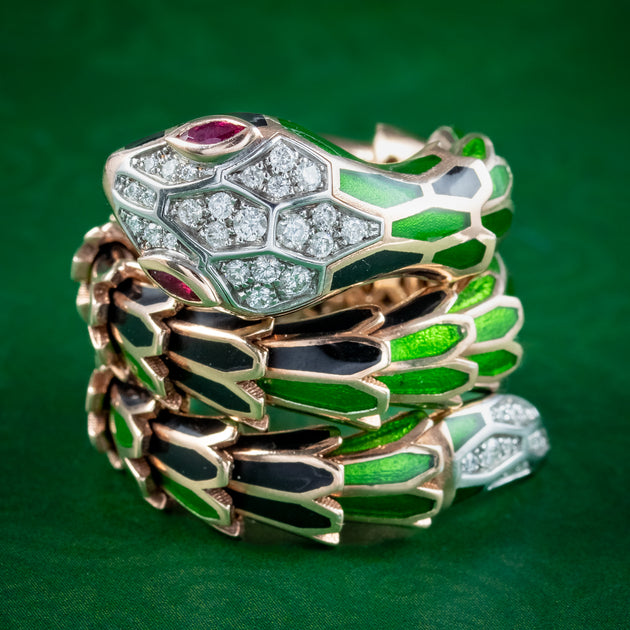 Vintage Style Expandable Snake Ring Diamond Ruby Guilloche Enamel ...
