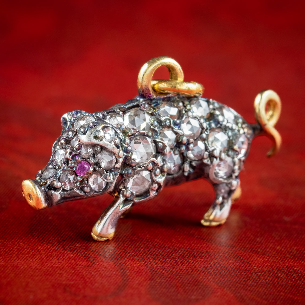 Victorian Style Rose Cut Diamond Pig Pendant Ruby Eyes 1.50ct Of ...