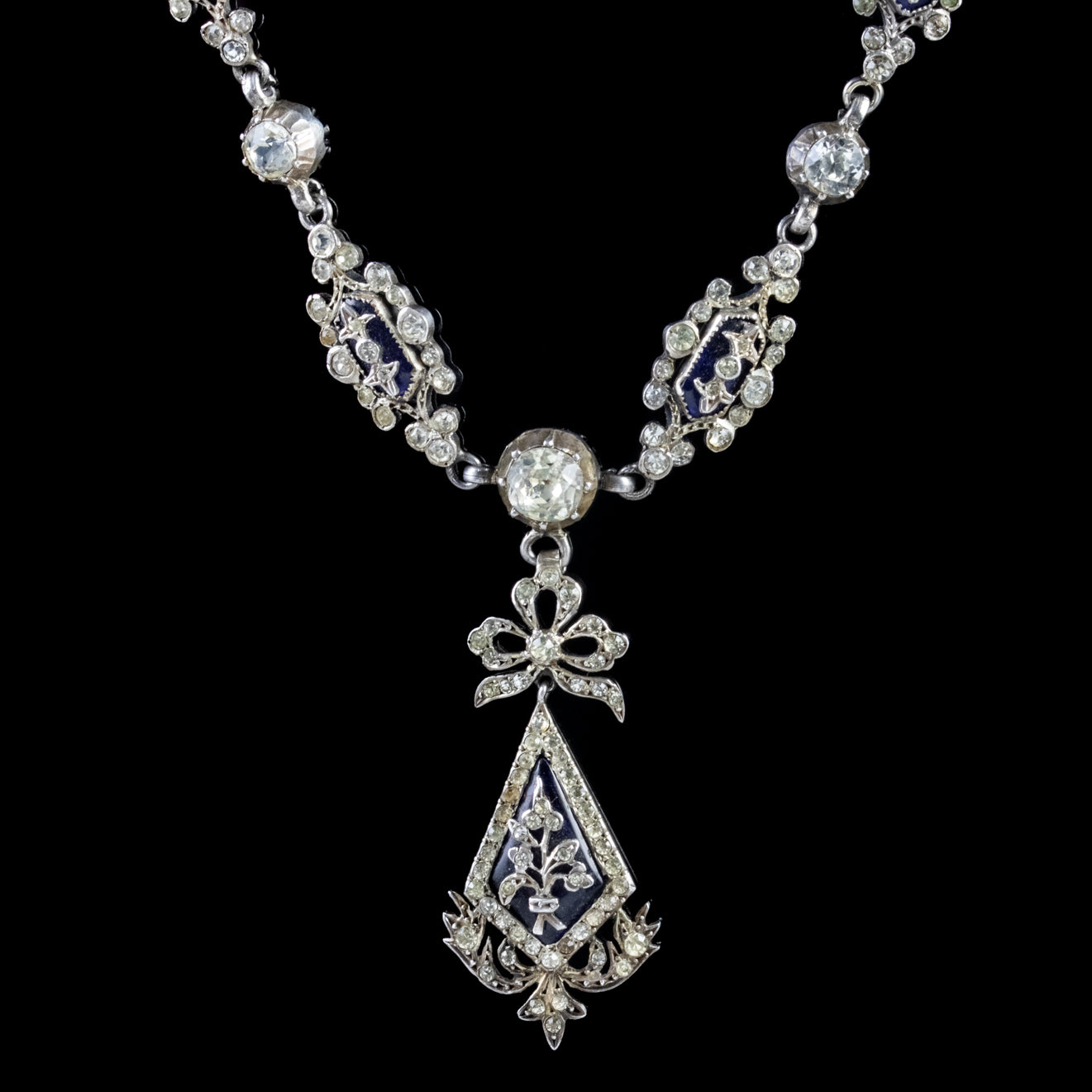Antique French Lavaliere Necklace Paste Blue Enamel Sterling Silver ...