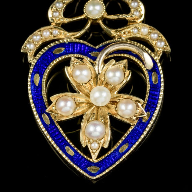 Antique Victorian Blue Enamel Pearl Heart Pendant Circa 1900 Boxed ...