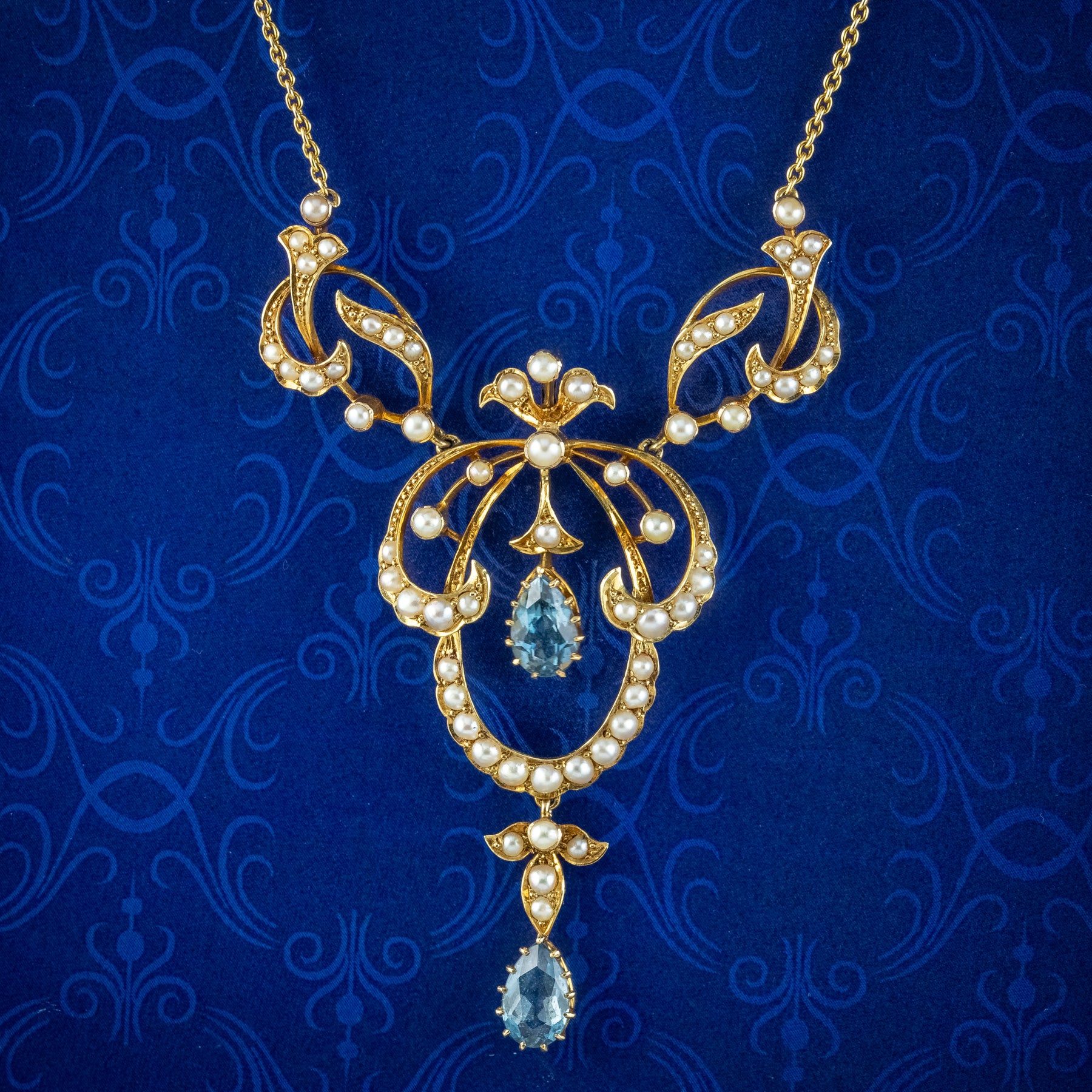 Antique Edwardian Aquamarine Pearl Lavaliere Necklace 15ct Gold ...