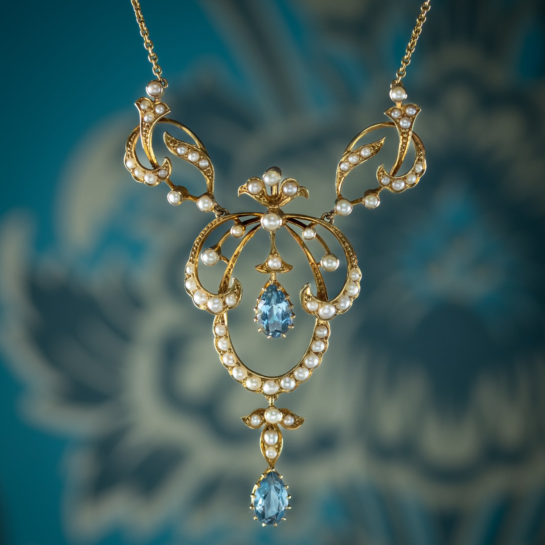 Antique Edwardian Aquamarine Pearl Lavaliere Necklace 15ct Gold ...