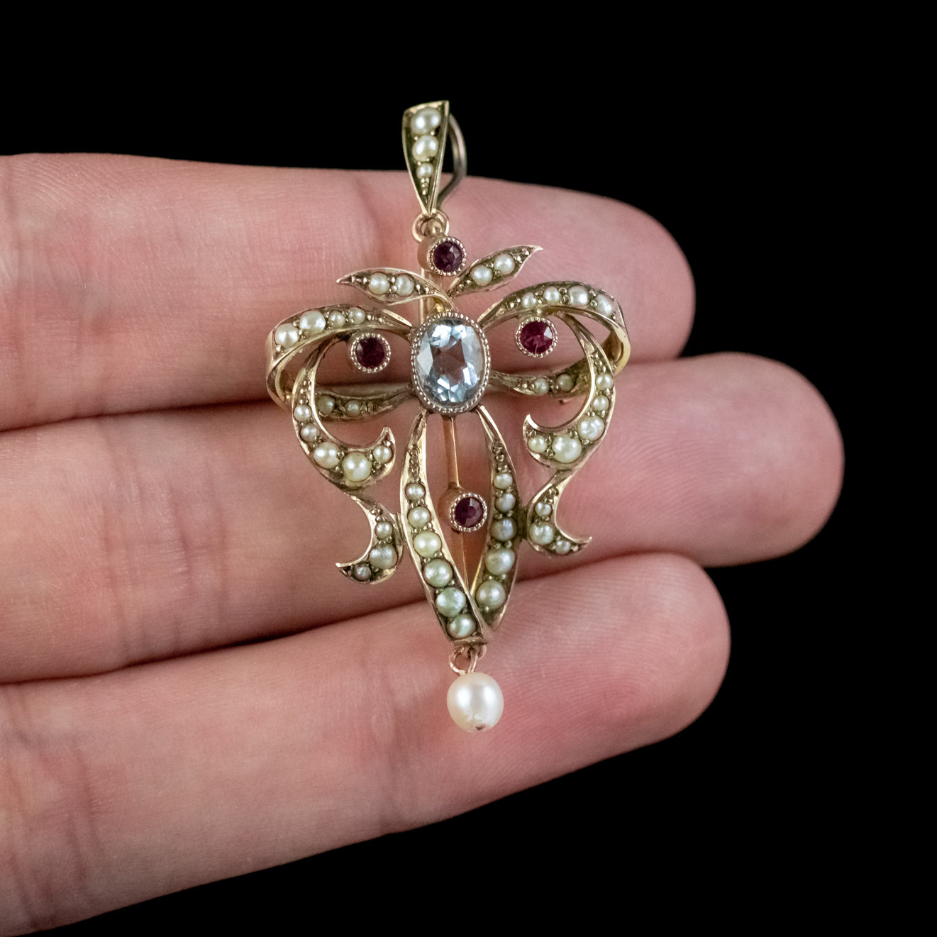 Antique Edwardian Aquamarine Pearl Ruby Pendant 9ct Gold Circa 1901 ...