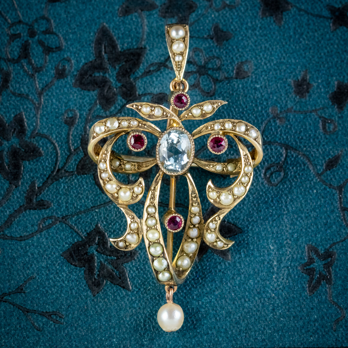 Antique Edwardian Aquamarine Pearl Ruby Pendant 9ct Gold Circa 1901 ...