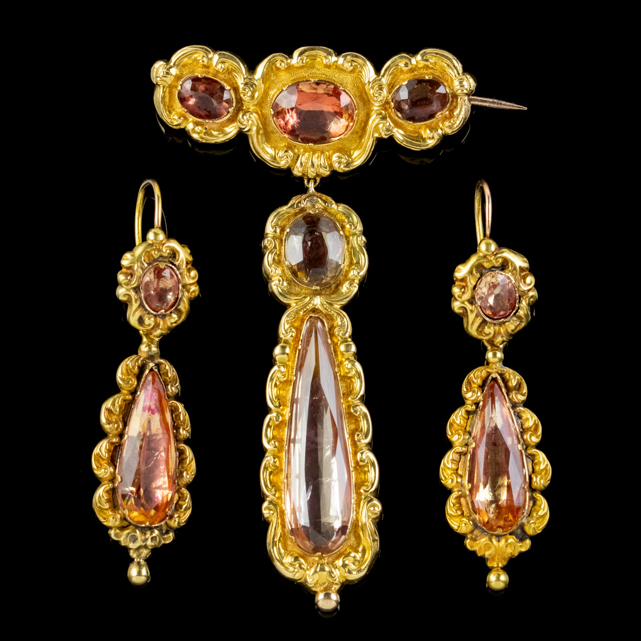 Antique Georgian Brooch And Earrings Set 18ct Gold Pink Quartz And Pas ...