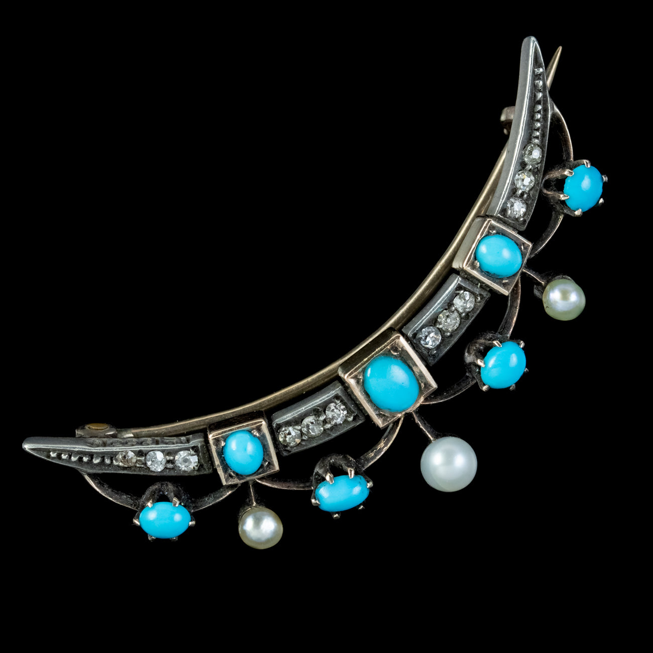 Antique Victorian Crescent Moon Brooch Turquoise Diamond Pearl Circa 1 ...