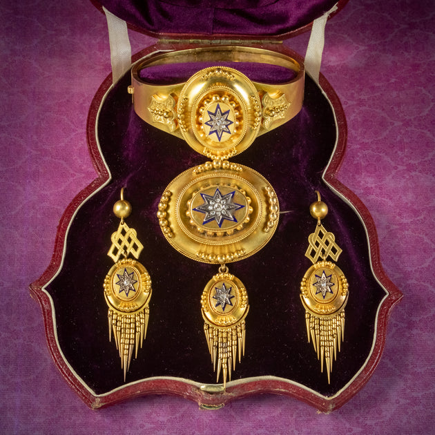 Antique Victorian Etruscan Diamond Parure Suite 18ct Gold Circa 1880 B ...