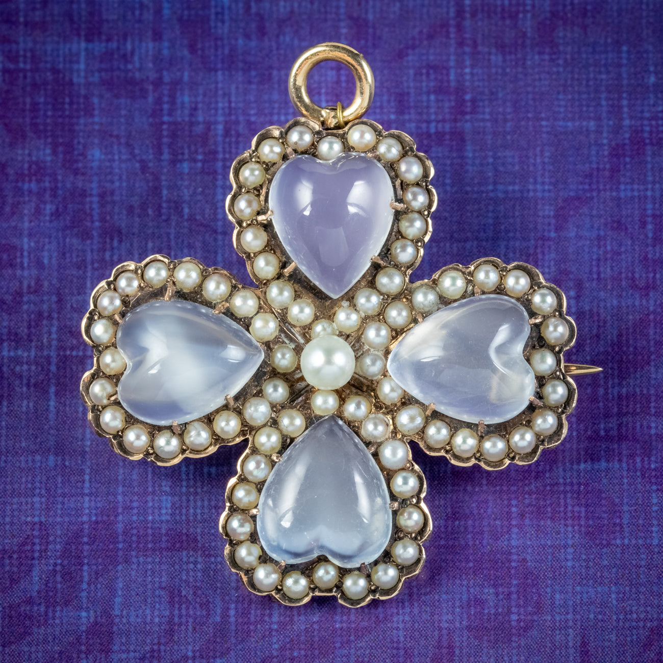 Antique Victorian Moonstone Pearl Heart Four Leaf Clover Brooch 15ct G ...