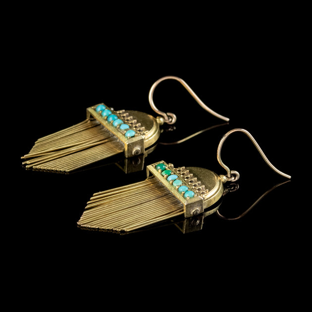 Antique Victorian Etrustcan Revival Turquoise Fringe Earrings 18ct Gold ...