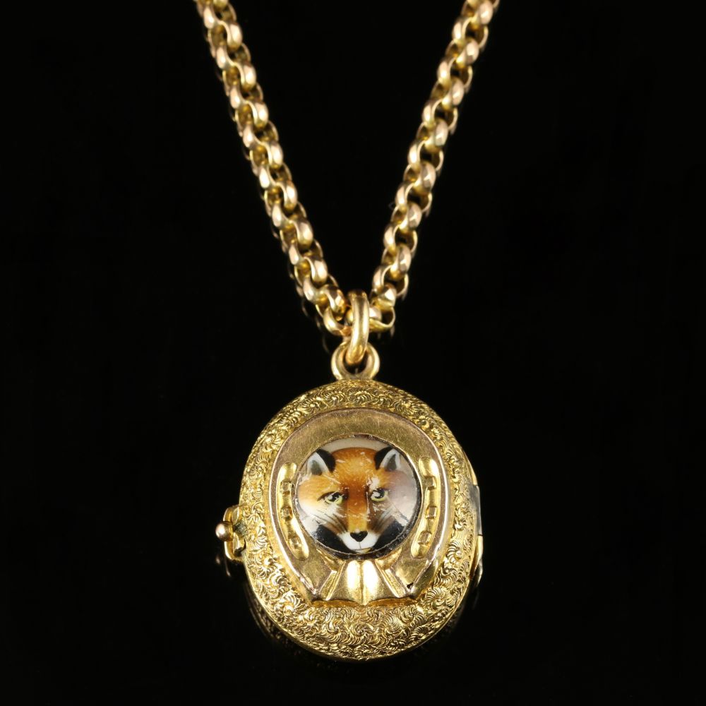 Antique Victorian Fox Hunting Necklace Gold Locket And Chain Circa 190 ...