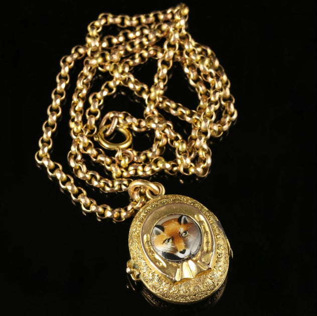 Antique Victorian Fox Hunting Necklace Gold Locket And Chain Circa 190 ...