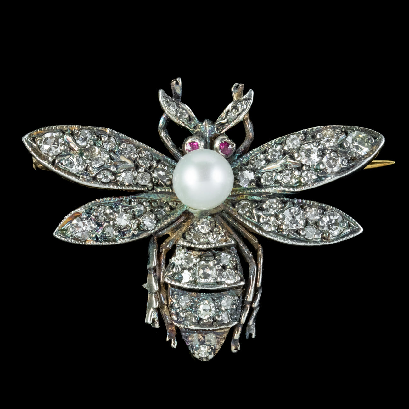 Edwardian Style Diamond Pearl Ruby Bee Brooch Silver 9ct Gold 0.80ct O ...