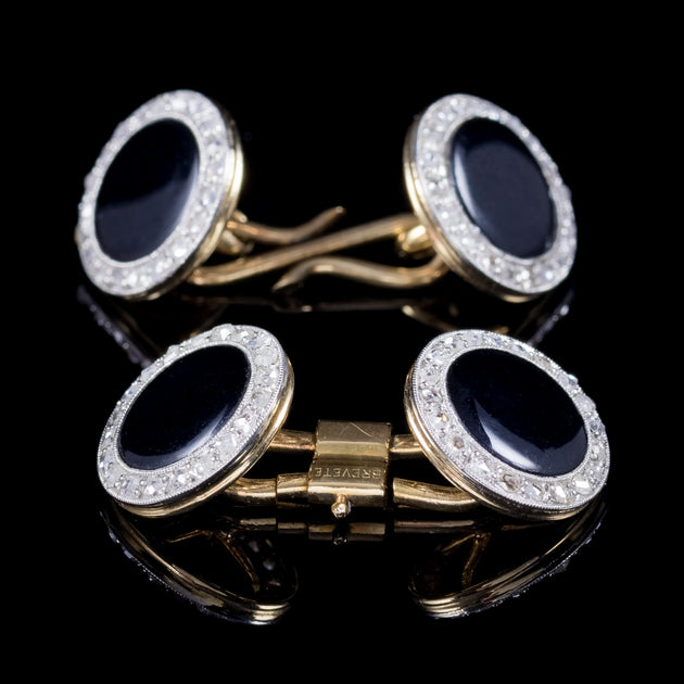 French Art Deco Onyx Diamond Double Cufflinks 18ct Gold Brevette Circa ...