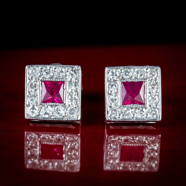 Ruby Diamond Square Stud Earrings 18ct White Gold – Laurelle Antique ...