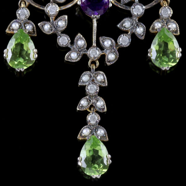 Suffragette Dropper Pendant 18ct Gold Amethyst Peridot Diamond Pearl ...